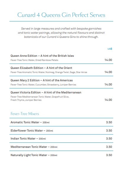 Cunard Drinks Package Guide - Real Menus and Drink Prices - Emma Cruises
