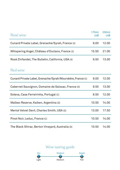 Cunard Drinks Package Guide - Real Menus and Drink Prices - Emma Cruises