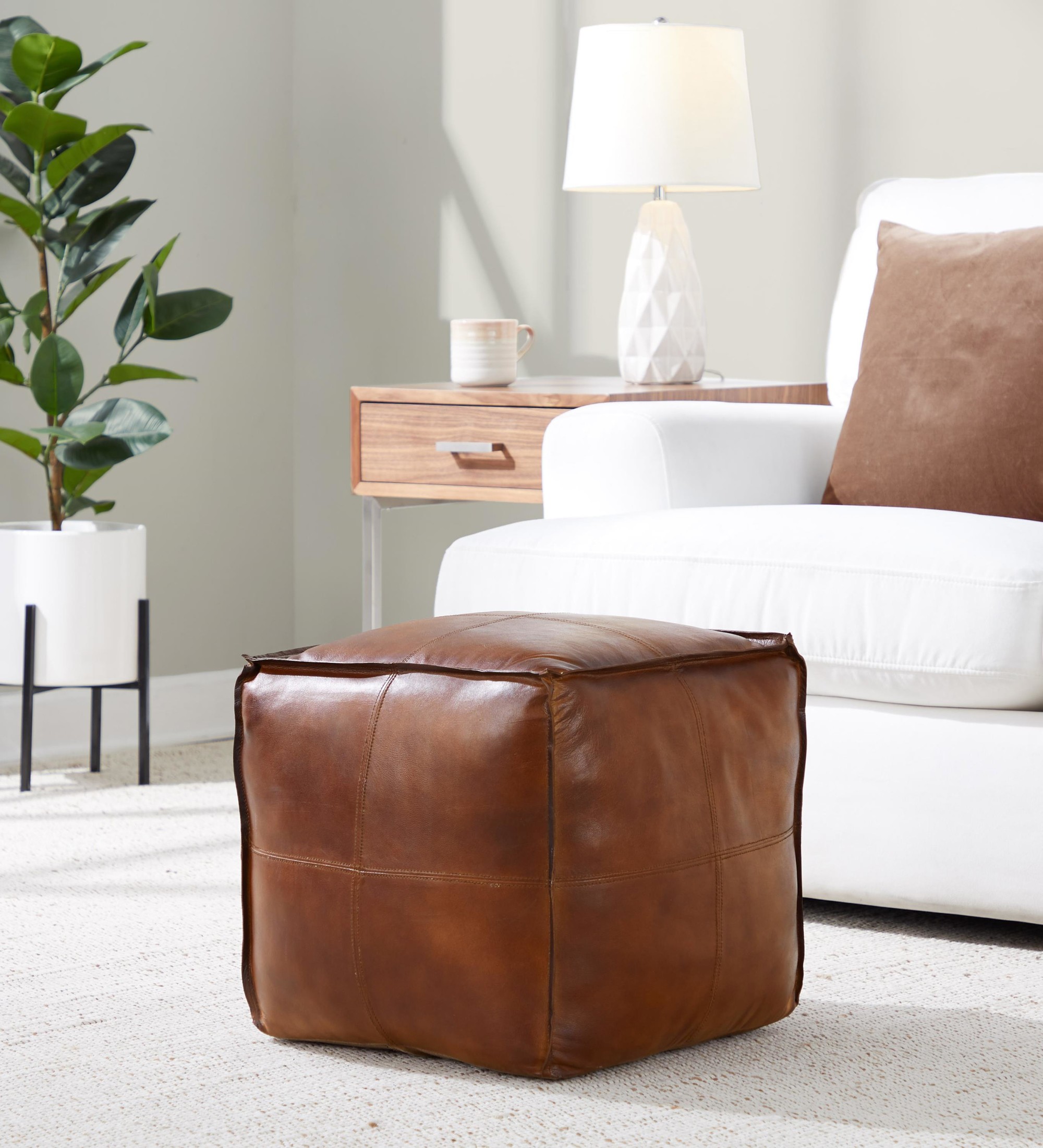 Cobbler 19-Inch Espresso Leather Patchwork Industrial Pouf Ottoman ...