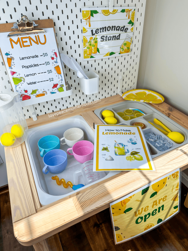 How To Set Up a Lemonade Stand Sensory Bin Activity - Love Peace Motherhood