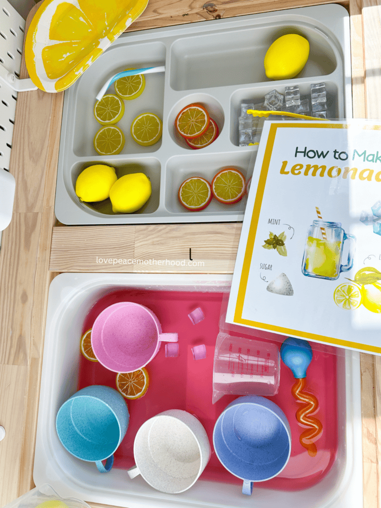How To Set Up a Lemonade Stand Sensory Bin Activity - Love Peace Motherhood