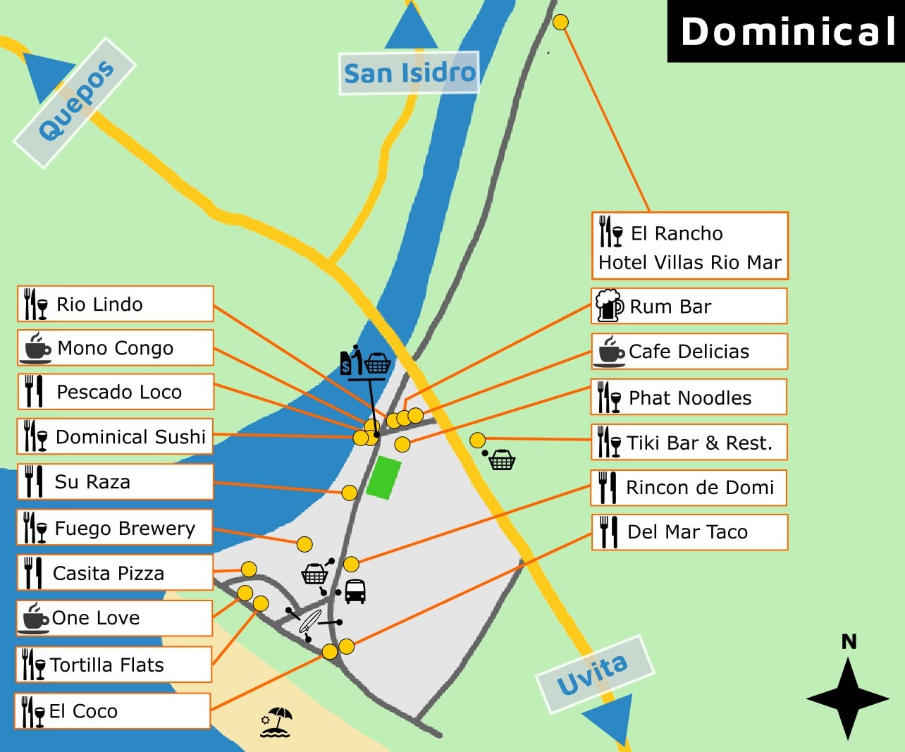 Map of Dominical Costa Rica | Restaurants, Bars, Supermarkets, ATM etc