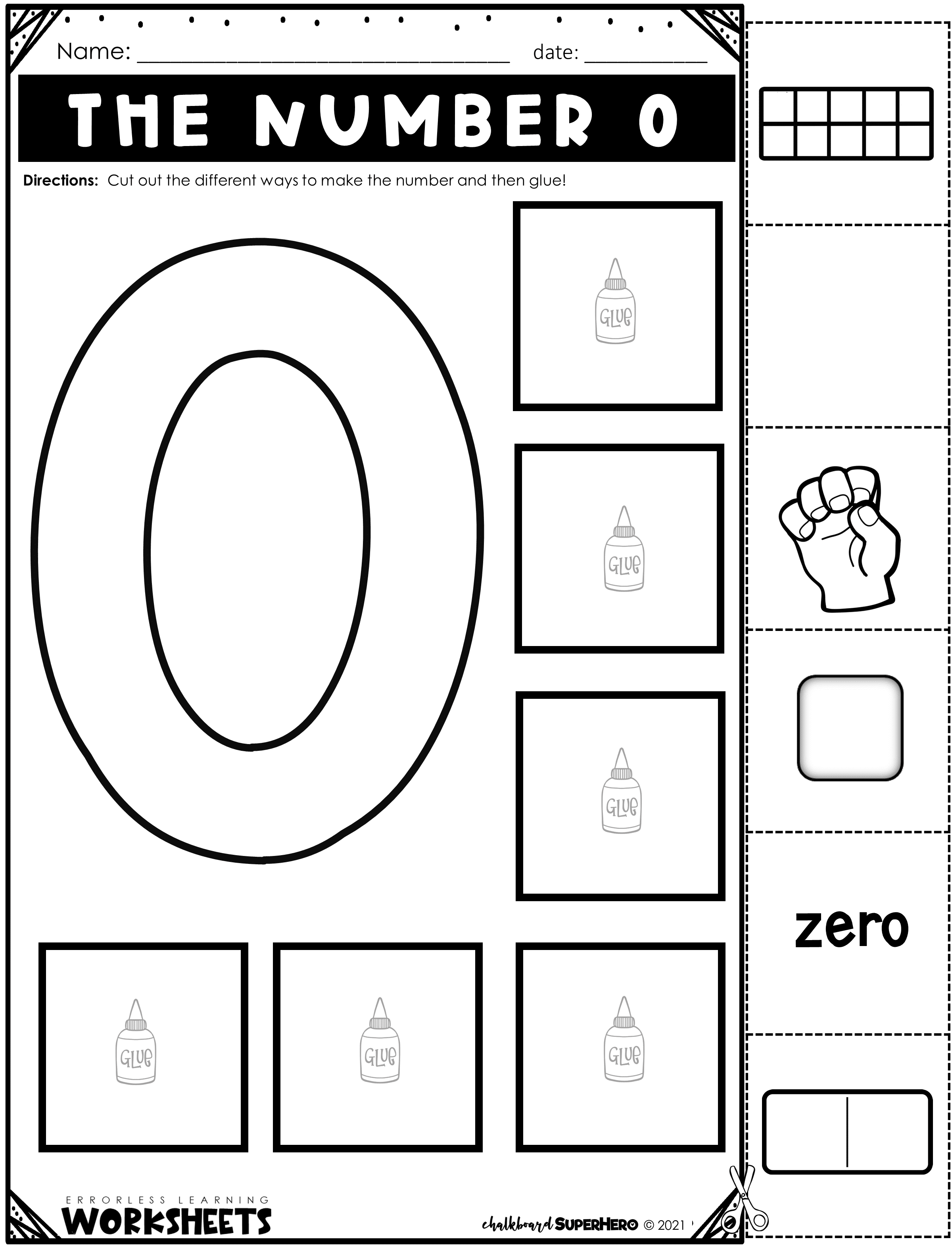 Errorless Worksheets: Numbers 0-9 - Chalkboard Superhero