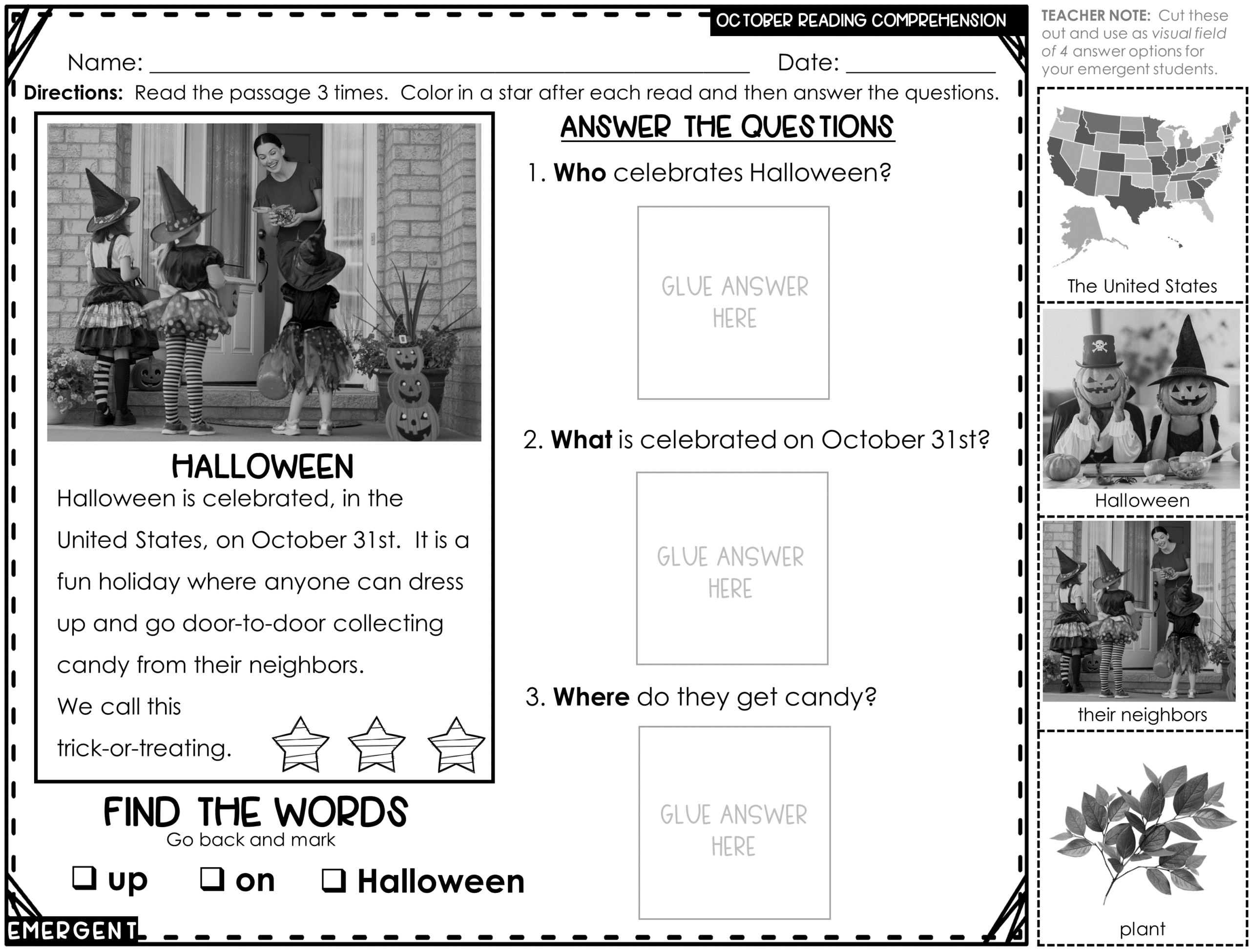 October Reading Comprehension Answering WH Questions: 3 LEVELS {REAL ...