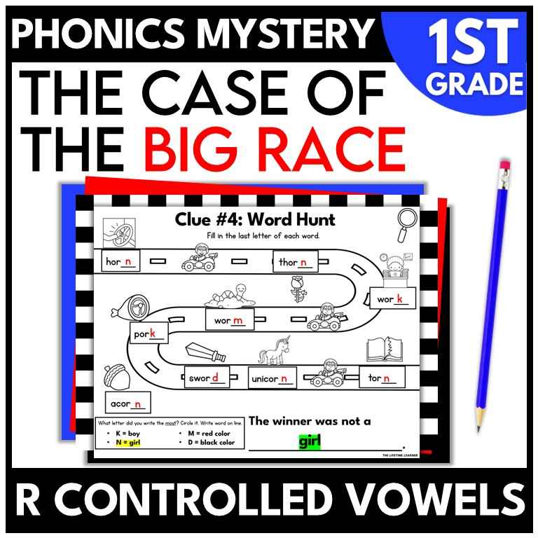 Race Car Phonics Mystery 1st Grade | R Controlled Vowels Activity