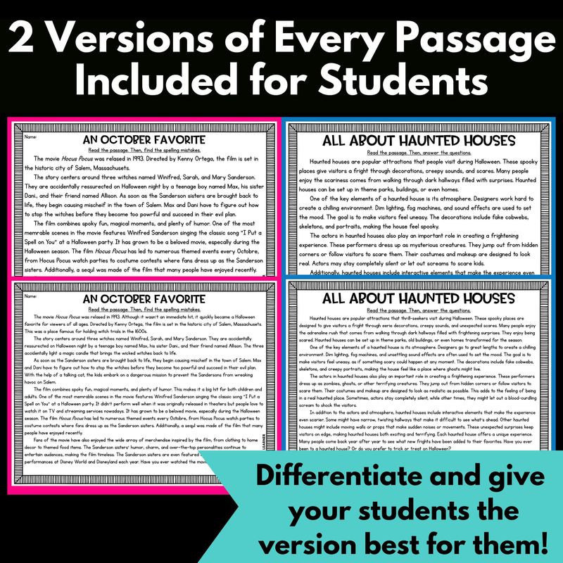 Halloween Reading Comprehension Passages Add On Pack - The Lifetime Learner