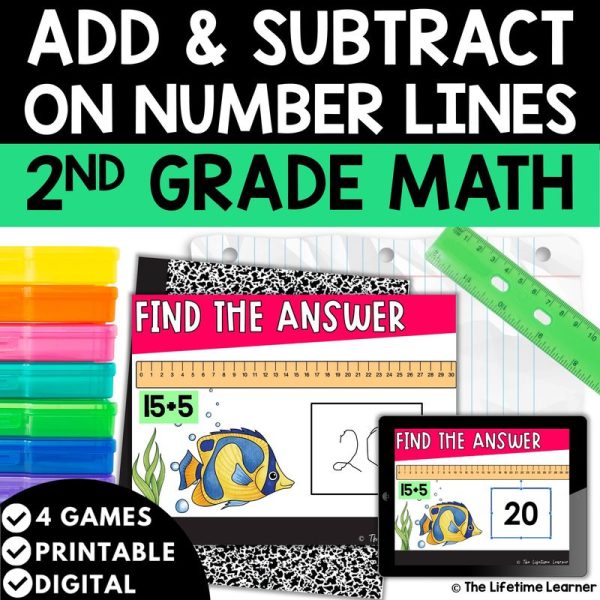 Number Line Addition and Subtraction 2nd Grade Math Task Cards