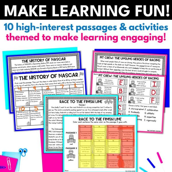 Race Car Reading Comprehension Passages Add On Pack - The Lifetime Learner