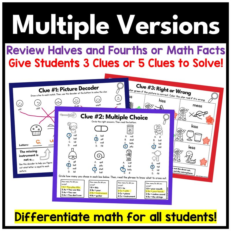 Rock Star Math Mystery 1st grade | Halves and Fourths
