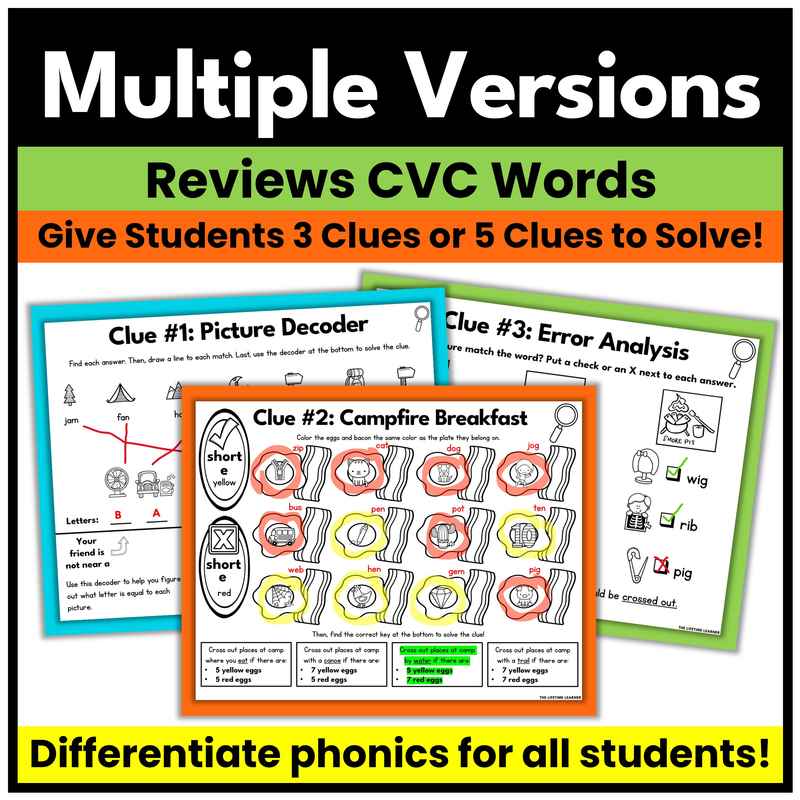 Camping CVC Words Mystery Game | Kindergarten Reading