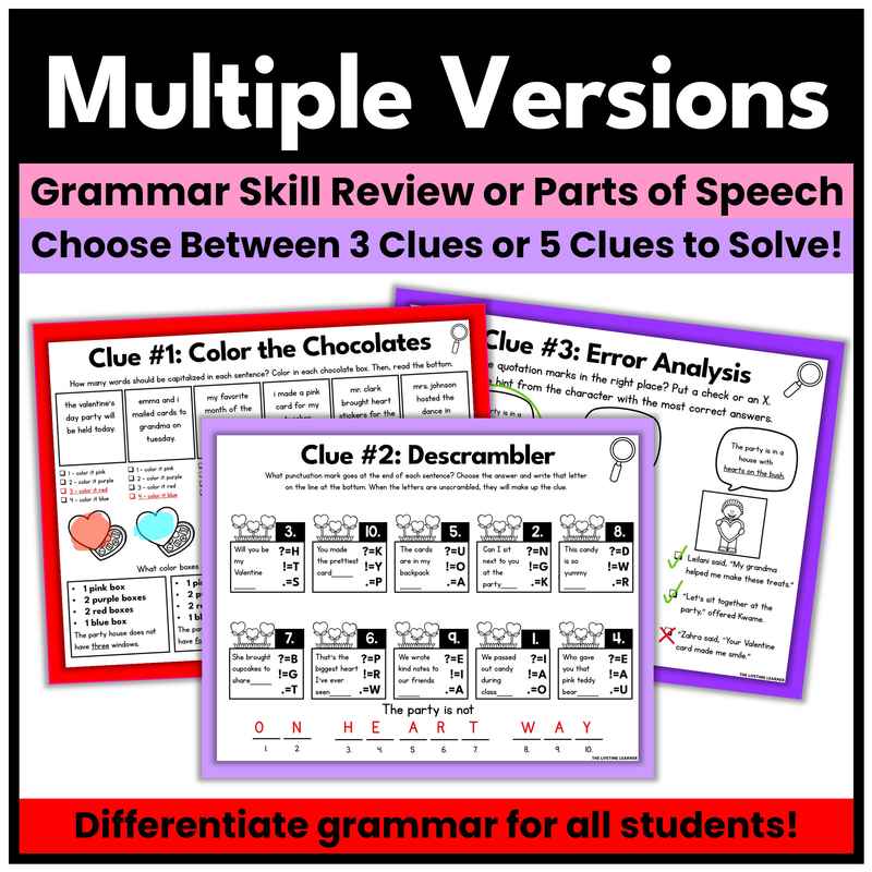 Valentine's Day Grammar Mystery 2nd and 3rd Grade | Review Activity