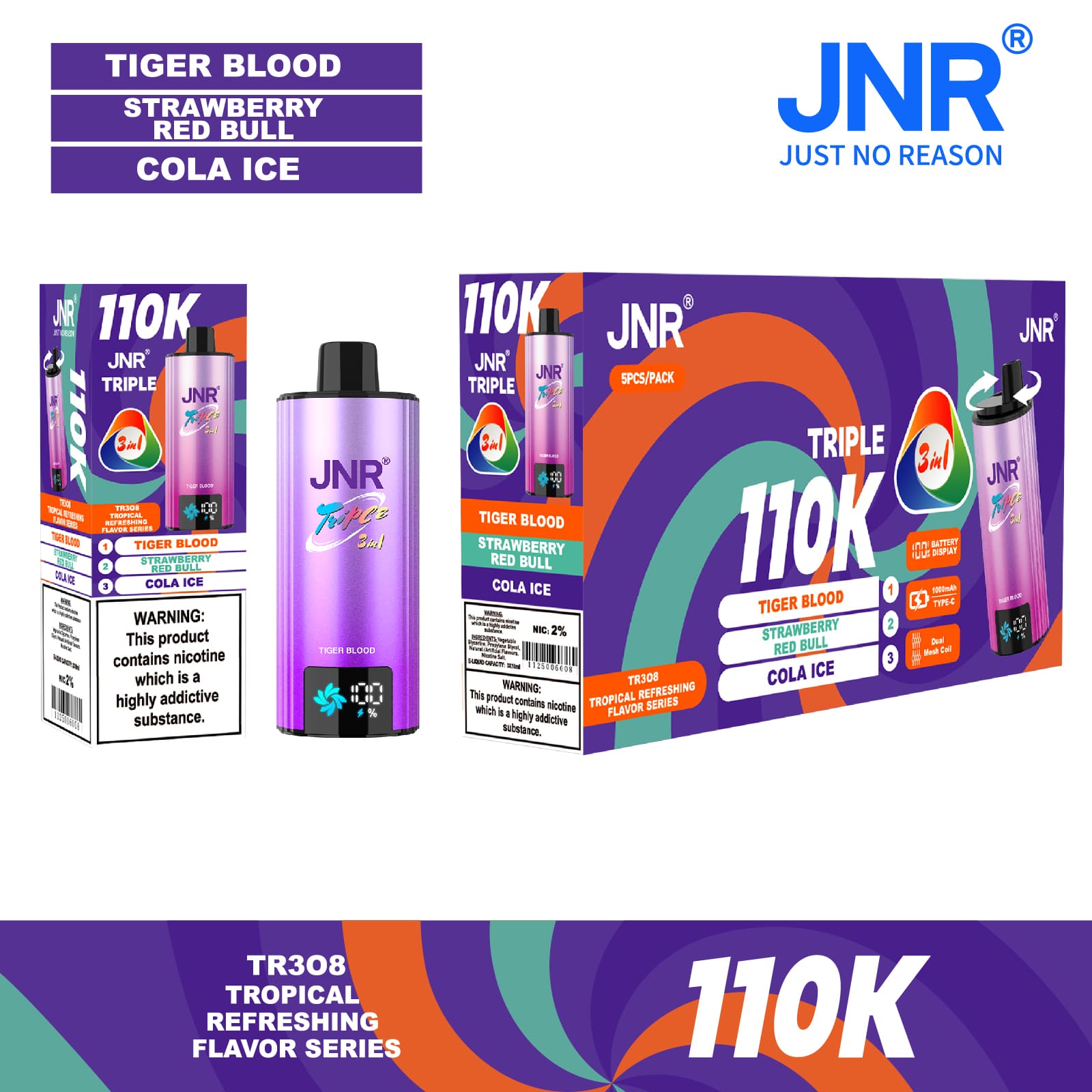 JNR TRIPLE 3 IN 1 110k Tiger Blood/Strawberry Red Bull/Cola Ice Einweg-Vape