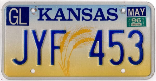 Kansas 1996 car license plate Greeley county #JYF-453 - Kansas License ...