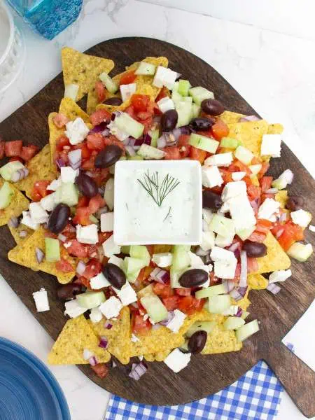 Easy Greek Nachos with Tzaziki - Little Nomads Recipes