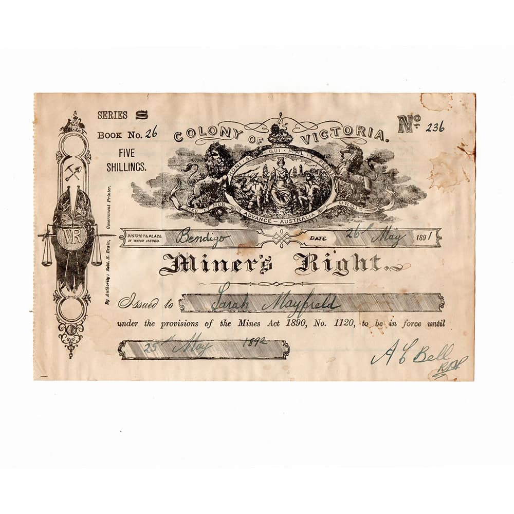 1891 'Colony of Victoria' Miner's Right Certificate