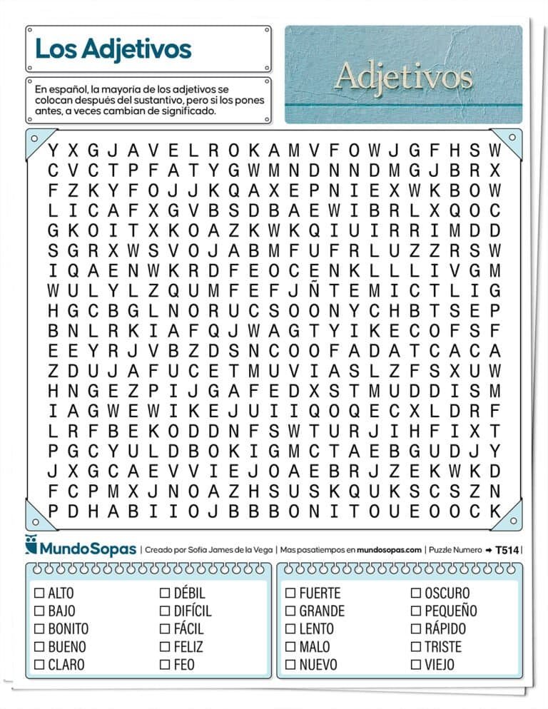 Sopa de Letras de Adjetivos para Imprimir | Mundo Sopas