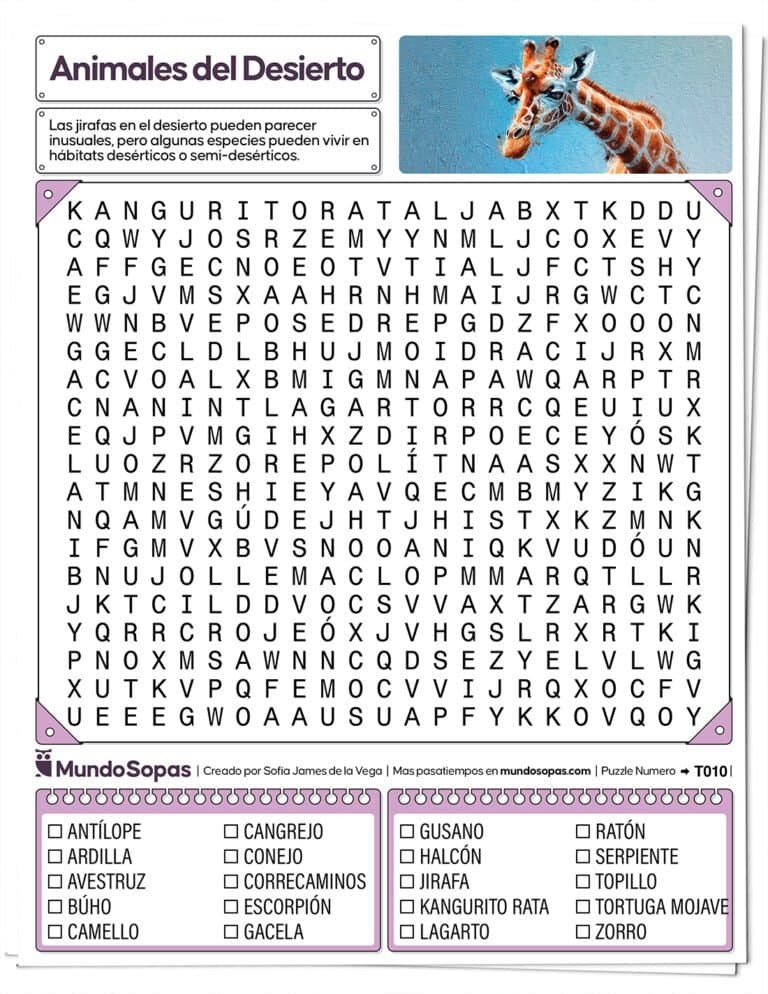 Sopa de Letras de Animales del Desierto en PDF - Mundo Sopas