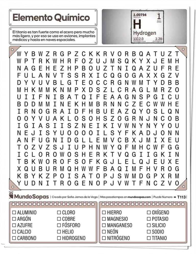 Sopa de Letras Elementos Químicos en PDF - Mundo Sopas