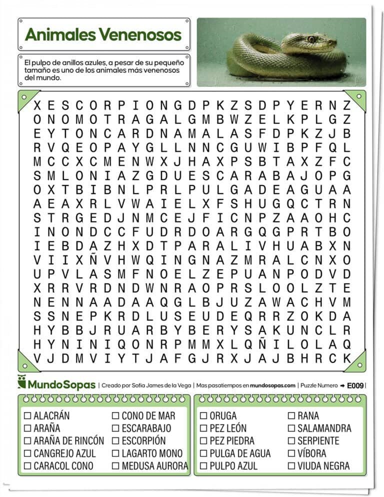 Sopa de Letras de Animales Venenosos en PDF - Nivel Medio