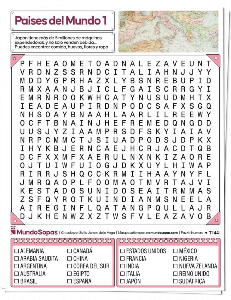 Sopa de Letras Paises del Mundo 1 para Imprimir | Mundo Sopas