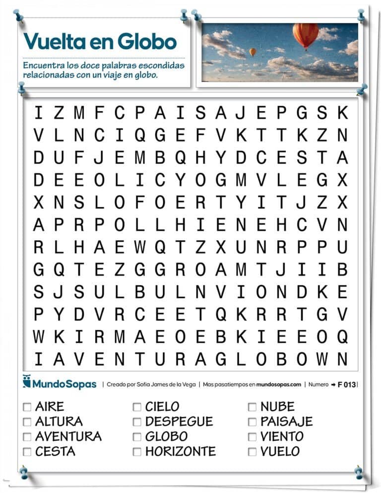 Sopa de Letras Paseo en Globo - Fácil - Mundo Sopas