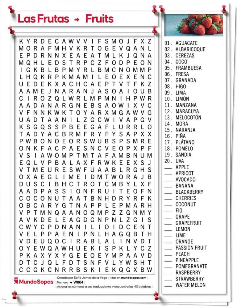 Sopa de Letras en Inglés de Frutas - Mundo Sopas