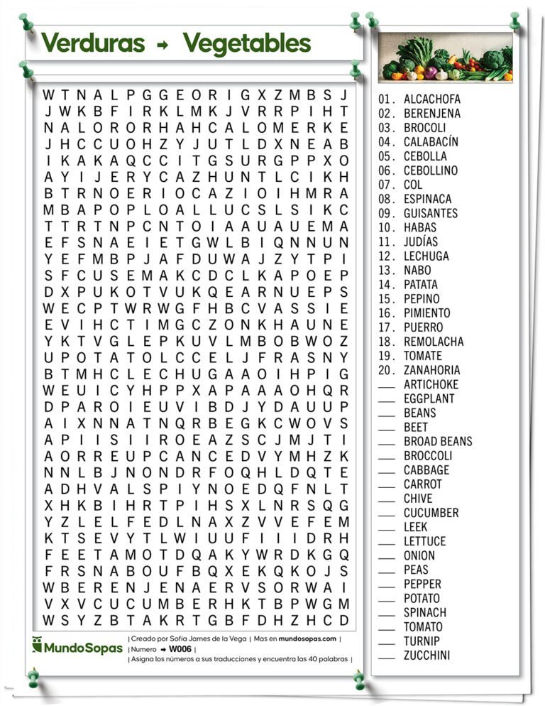 Sopa de Letras en Inglés de Verduras para Imprimir en PDF