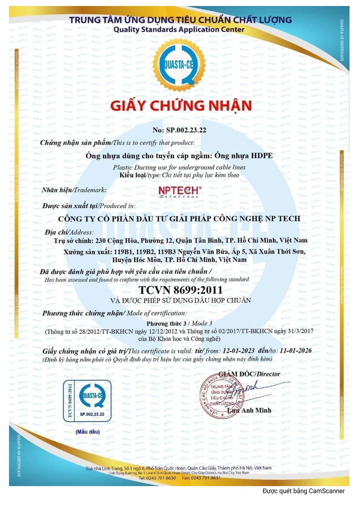 Chứng nhận chất lượng - Cty NP Tech