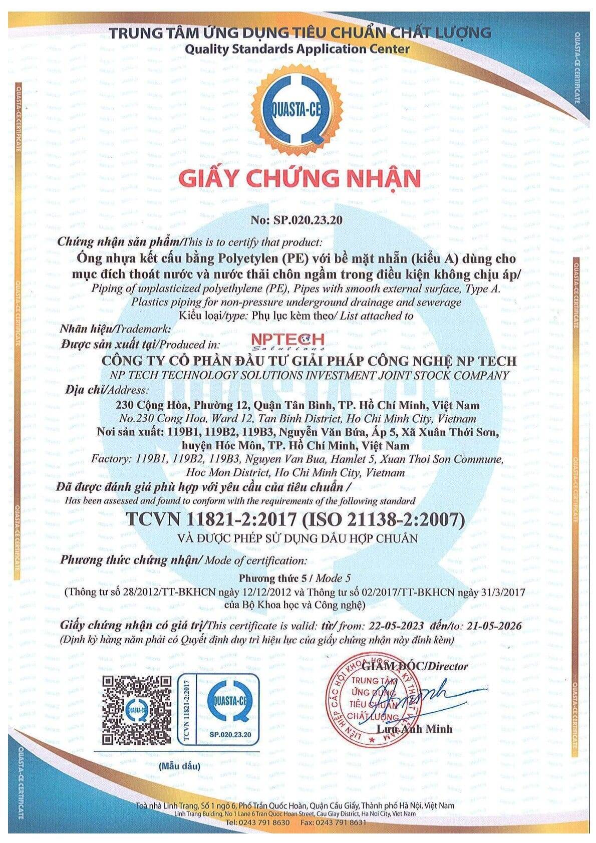 Chứng nhận chất lượng - Cty NP Tech