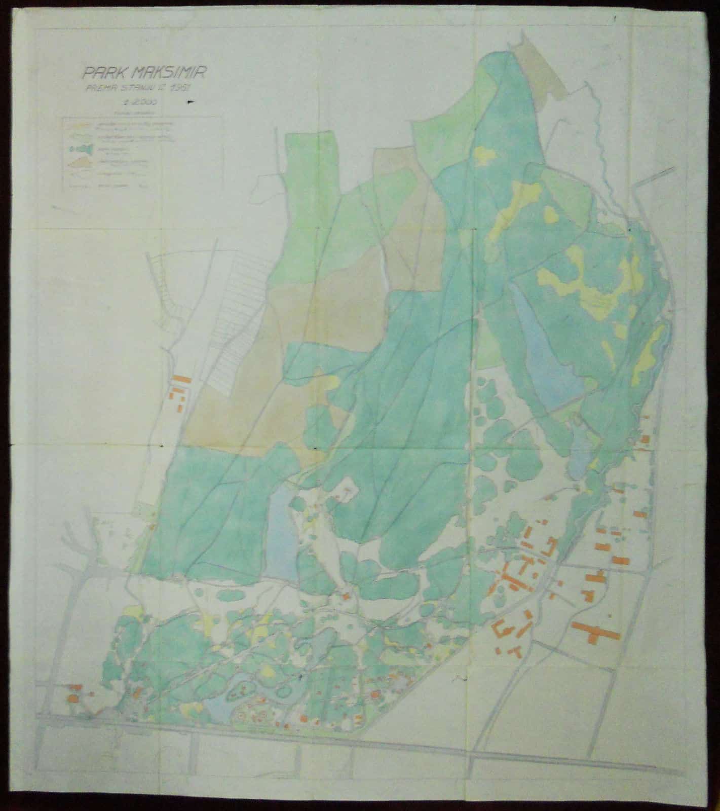 1951 GIANT Maksimir Park Map Zagreb Colored Croatia Detailed Plants Plan