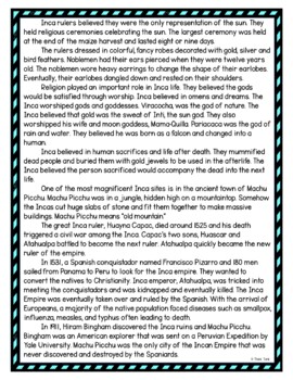 Inca Empire DIGITAL Reading Passage and Questions - Self Grading ...