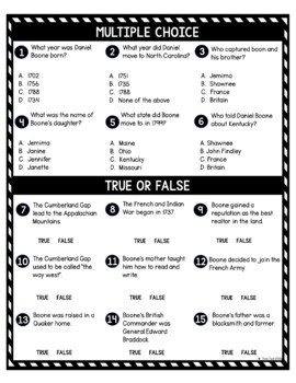 Daniel Boone DIGITAL Reading Passage and Questions - Self Grading ...