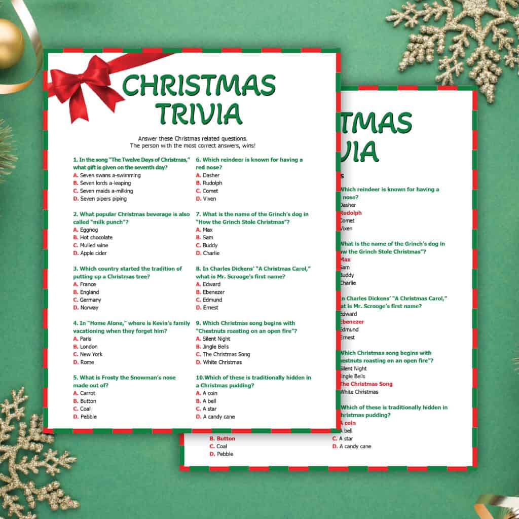 Free Christmas Trivia Questions & Answers Printable - Stylish Celebrations
