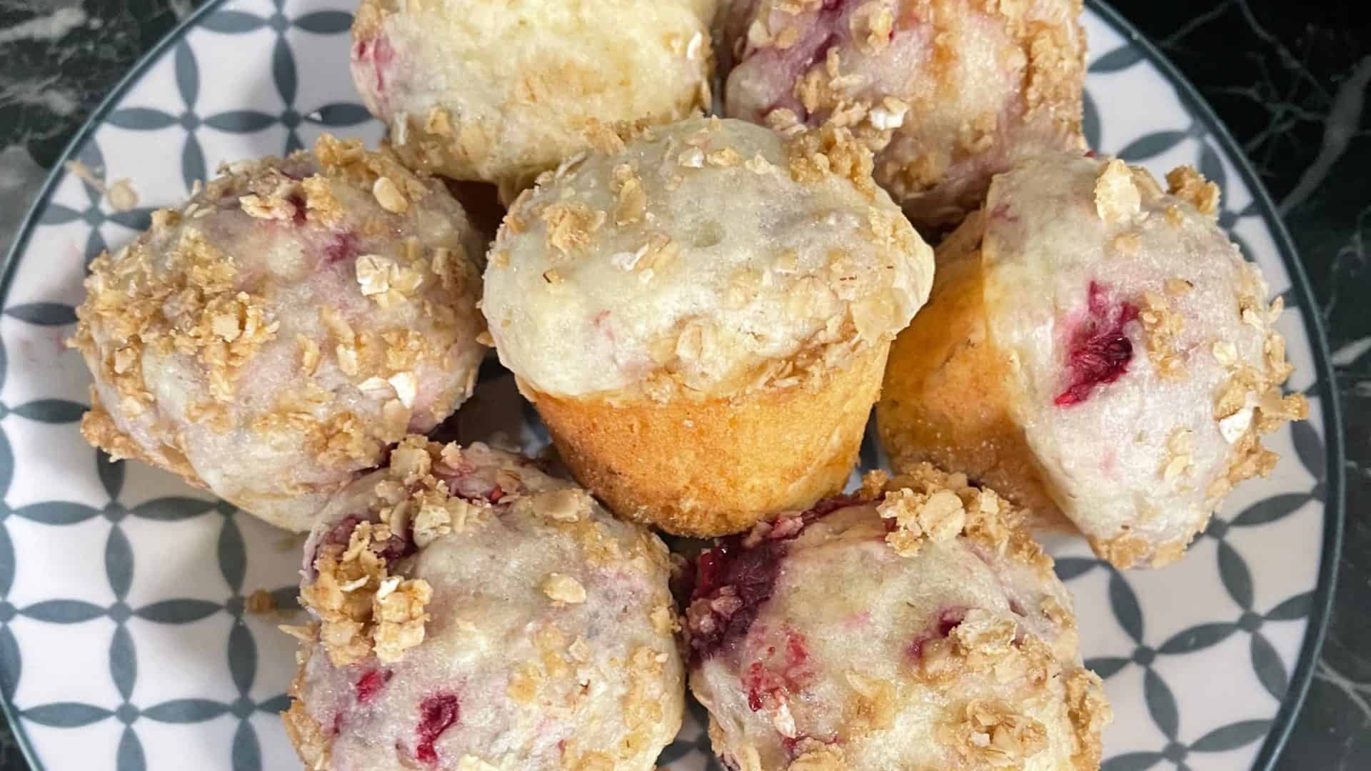 Mini Raspberry Muffins With Crunchy Oatmeal Streusel - A Cents For Cookery