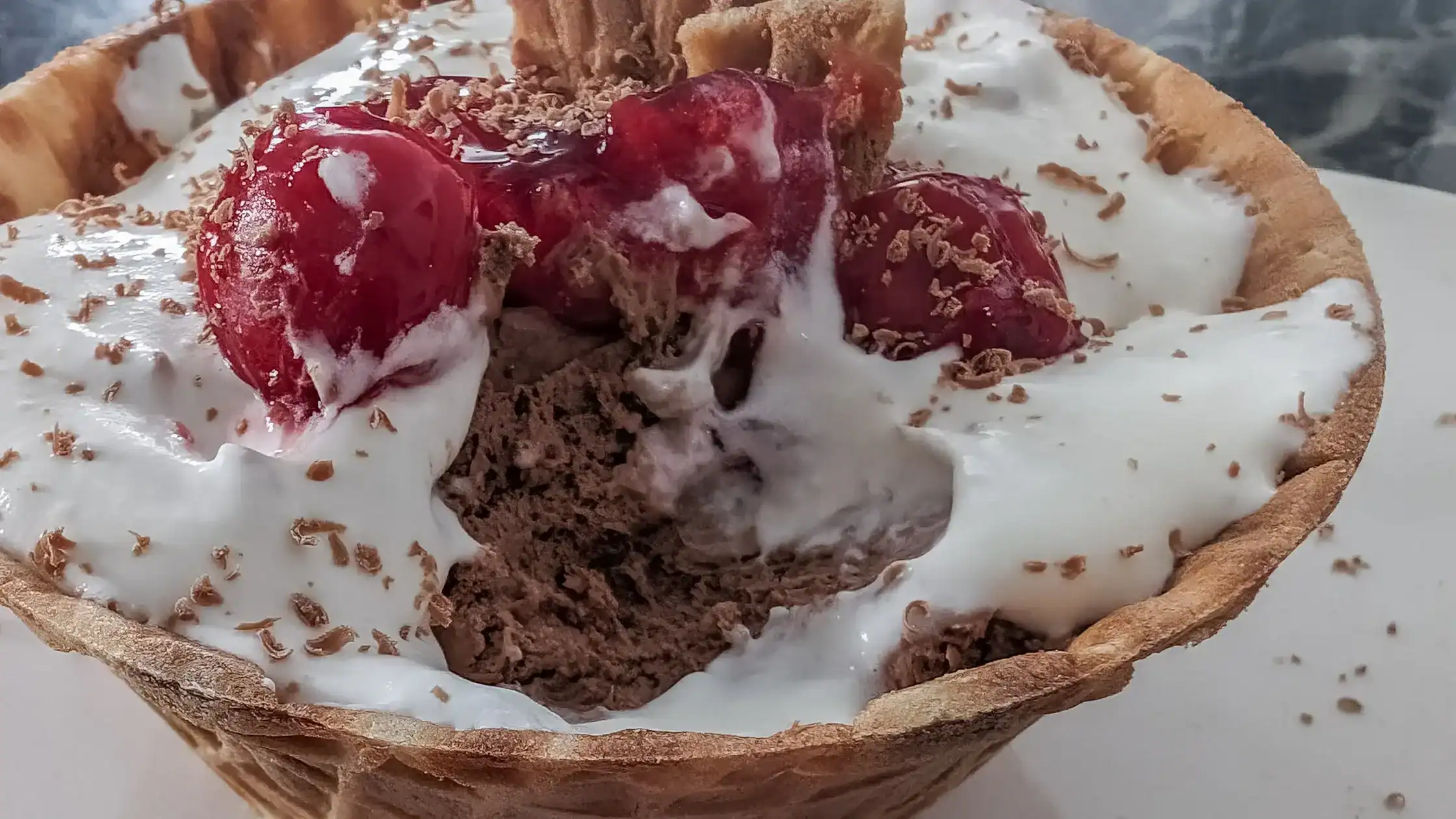 Easy No Bake Chocolate Cherry Cheesecake Waffle Bowls - A Cents For Cookery