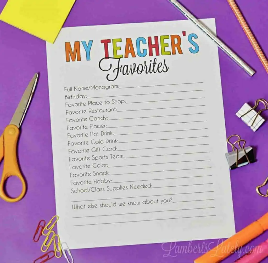Free Teacher Favorite Things Form (Editable & Printable!) | Lamberts Lately