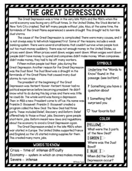 Great Depression Reading Passages, Questions and Text Marking